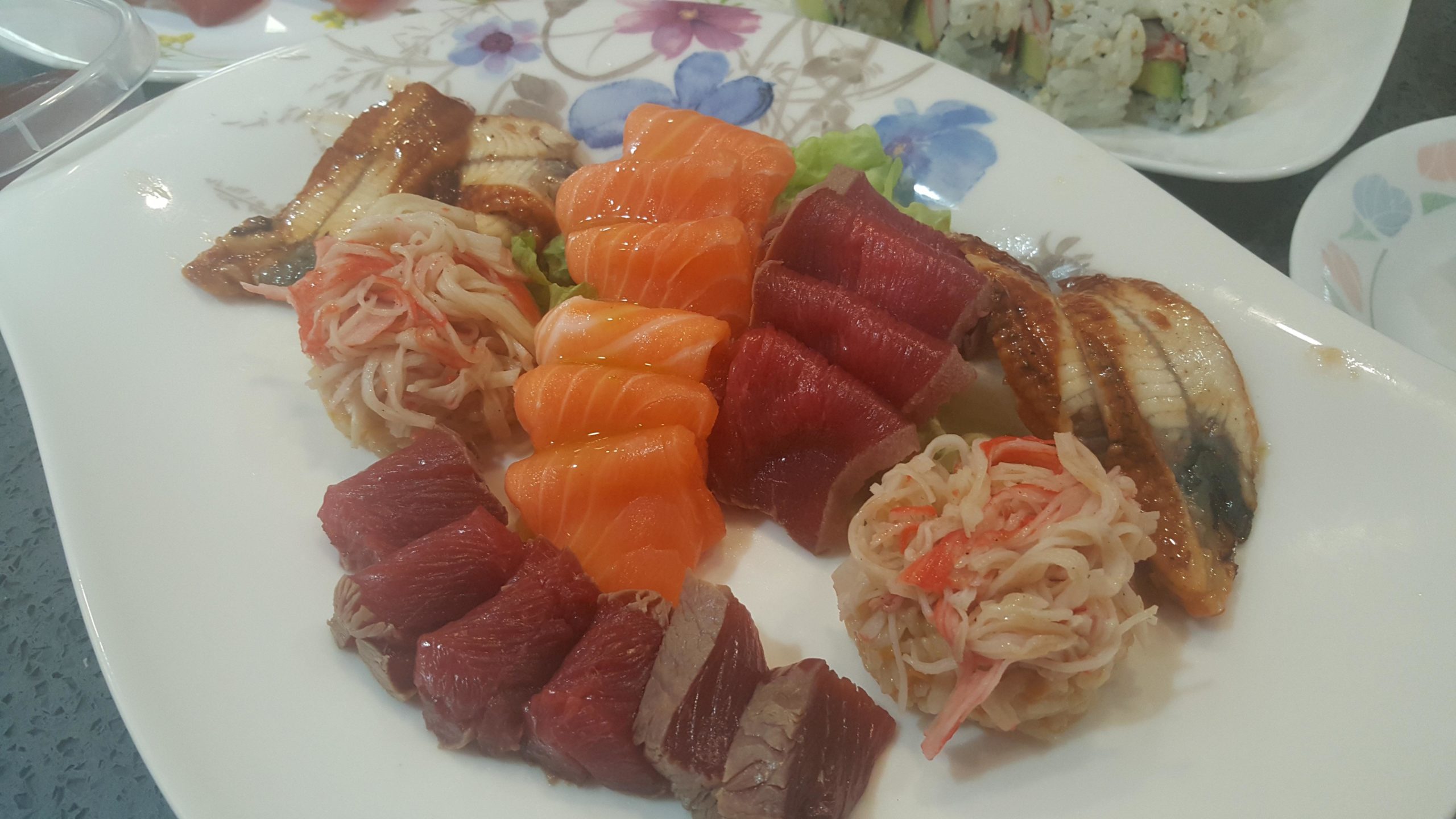 Homemade Sushi platter.. King salmon sashimi, Bluefin tuna sashimi, BBQ ...