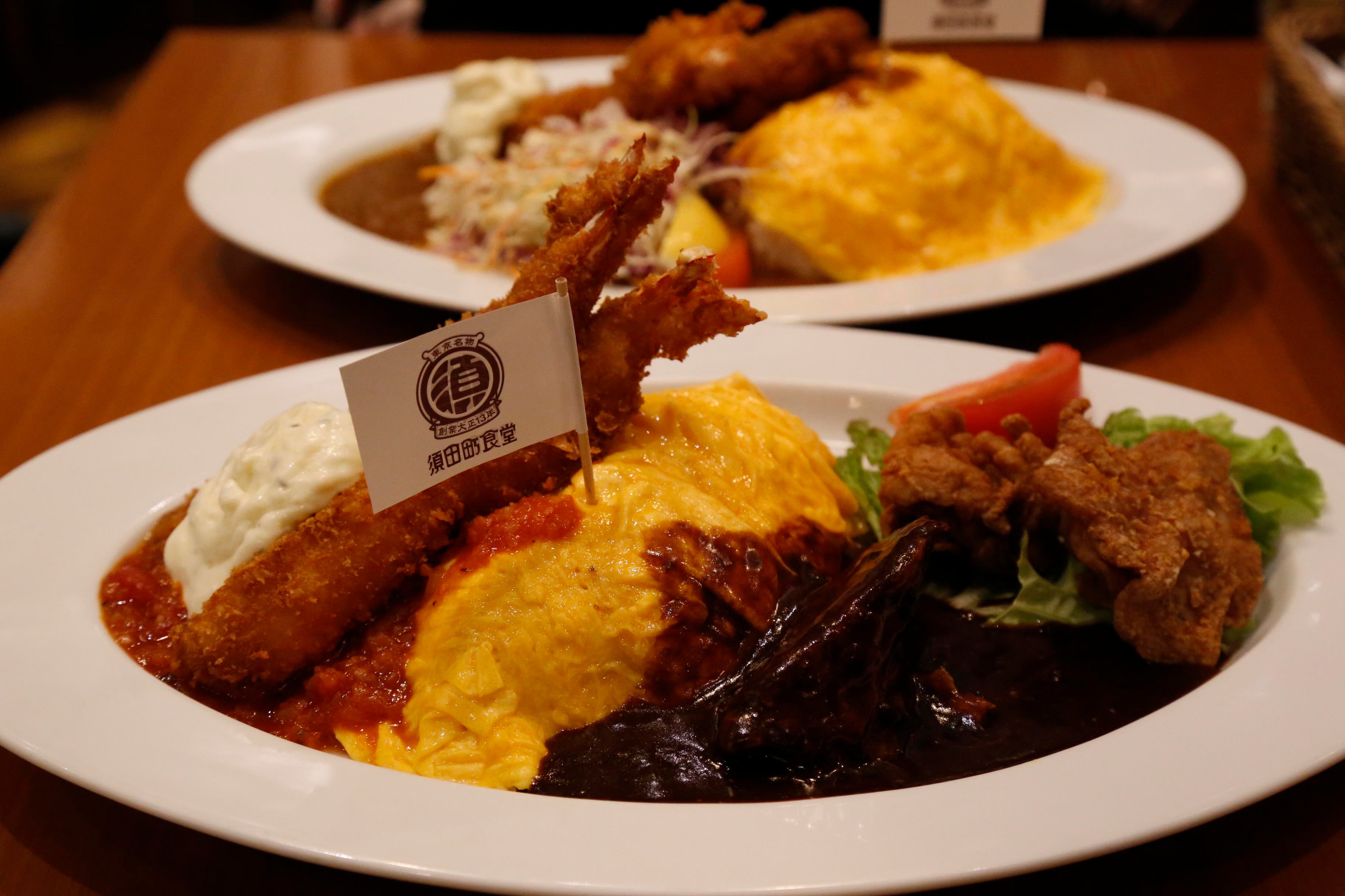 Omurice with ebi fry, tomato curry, beef stew and karaage - Alo Japan
