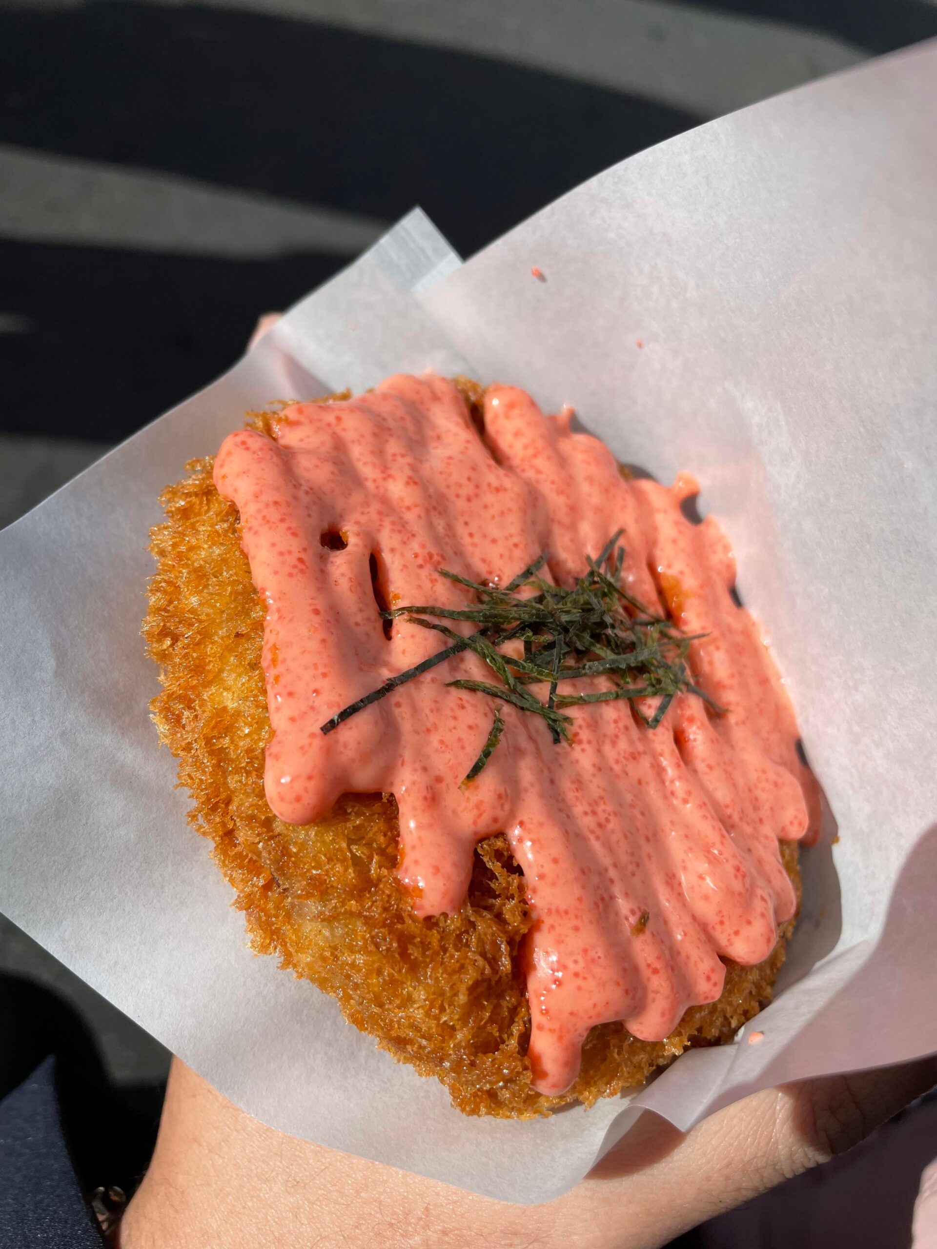 Monja croquette with mentai sauce at Tsukiji Market - Alo Japan All ...