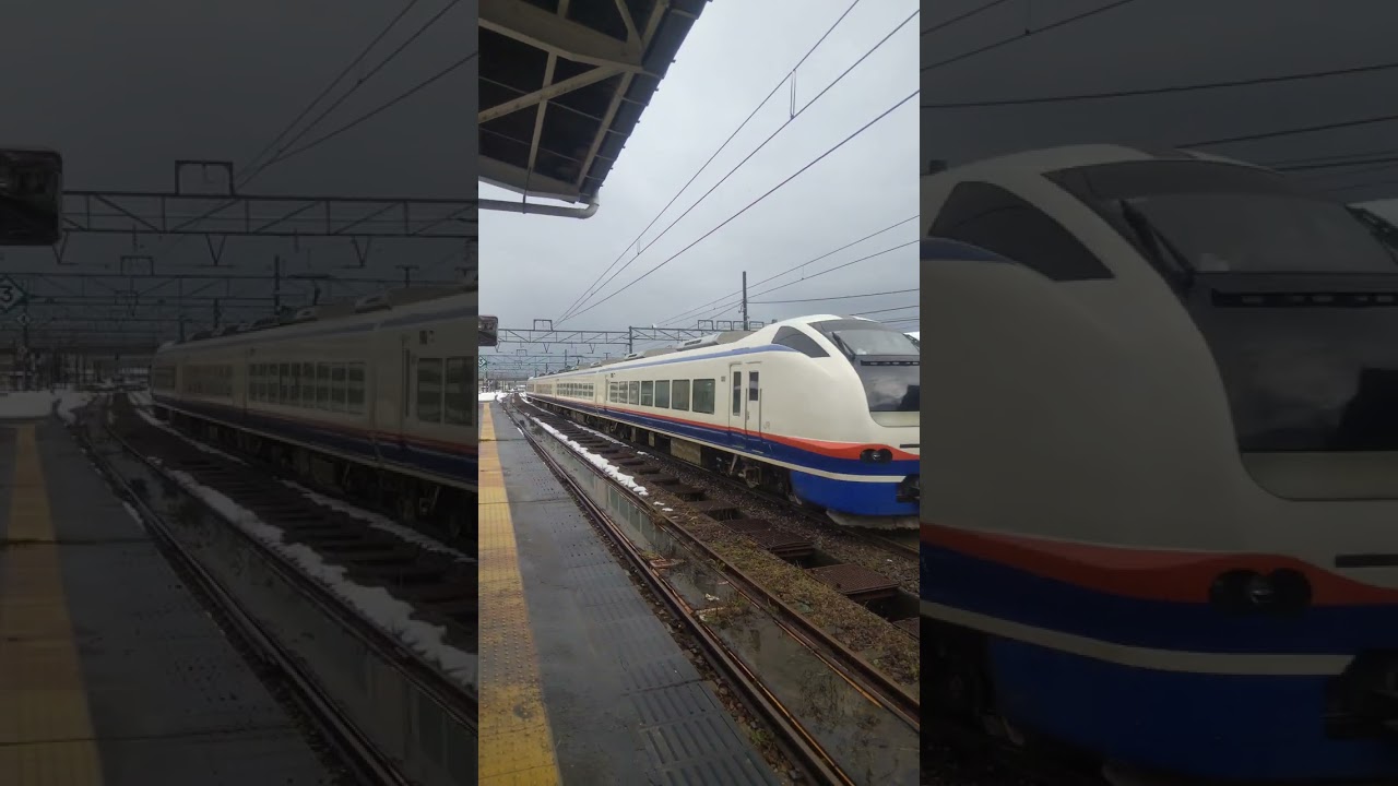 【宮内駅】特急しらゆき（JR東日本E653系電車）雪が残るホームを通過。18きっぷの旅で撮影（新潟県長岡市）SHIRAYUKI Miyauchi Station Niigata JAPAN ...
