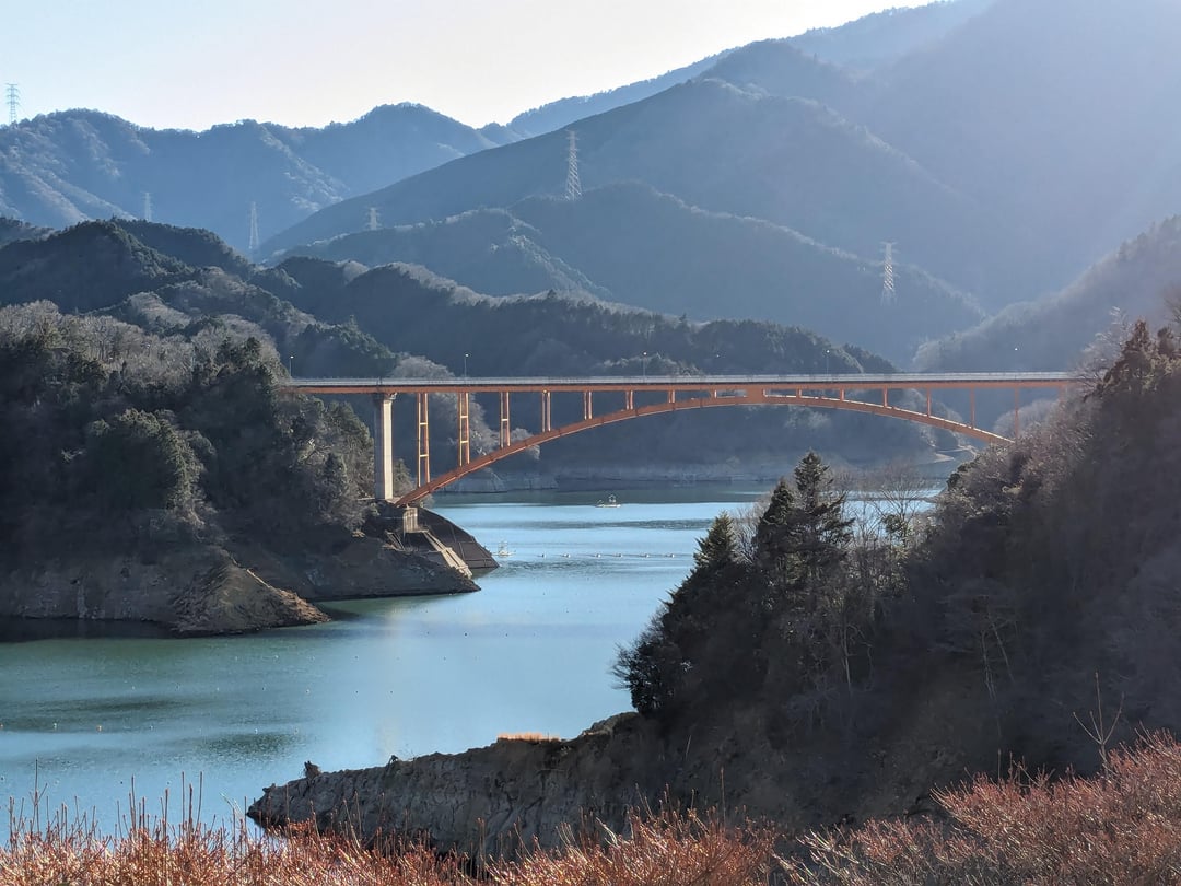 Niji-no-Ohashi Bridge over Lake Miyagase. It's a well known suicide location, hence the tall ...