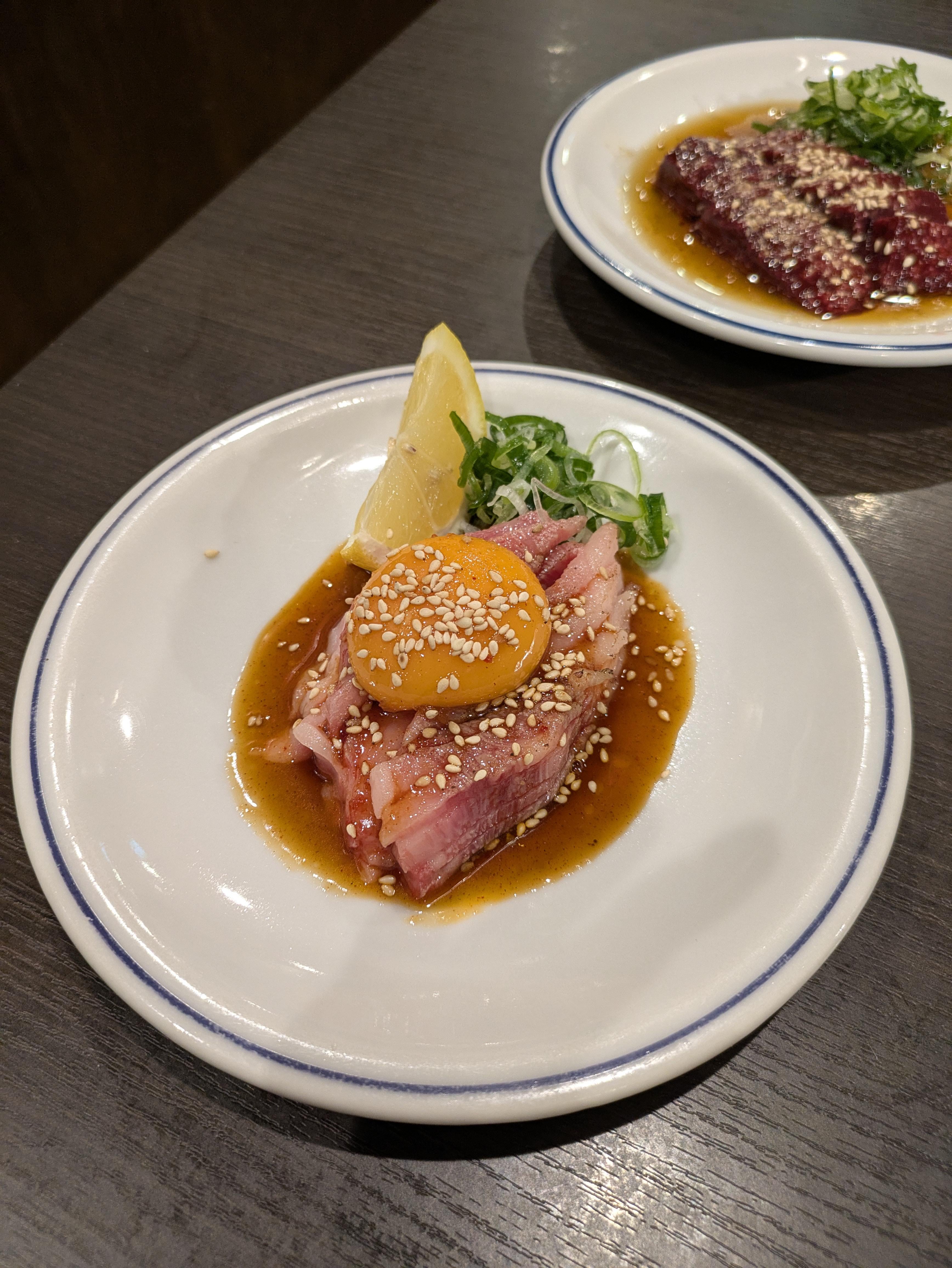 Yakiniku appetizer. Yukhoe made from Japanese Wagyu black beef. No ...